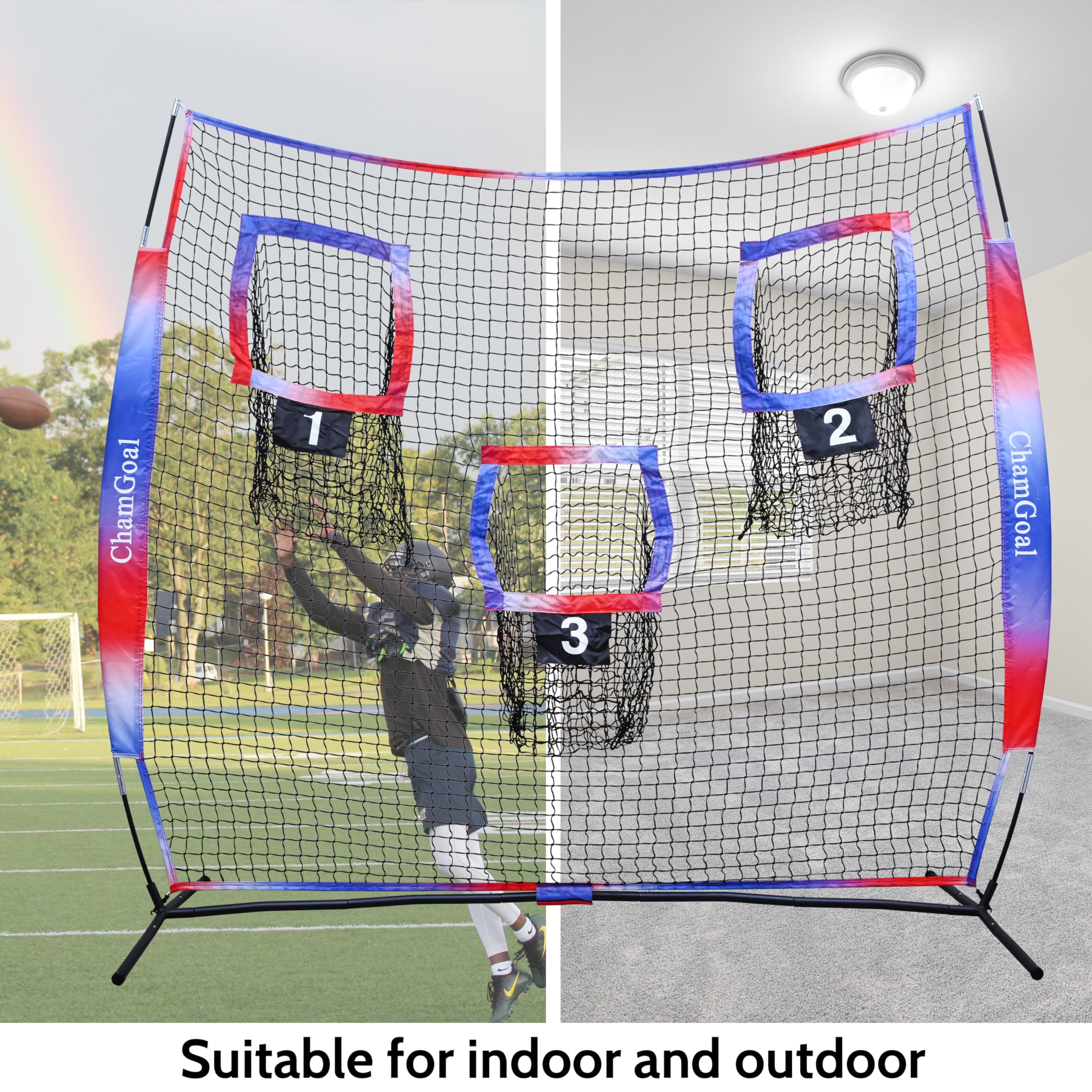 ChamGoal Football Trainer Throwing Net,7X7FT Football Throwing Net with 3 Targets Zone,Quarterback Training Equipment Includes Foldable Frame and Portable Carry Bag,Football Practice Net for Backyard