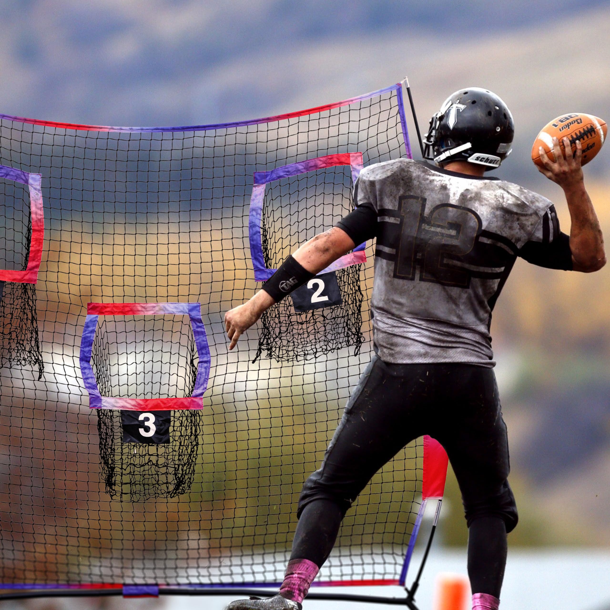 ChamGoal Football Trainer Throwing Net,7X7FT Football Throwing Net with 3 Targets Zone,Quarterback Training Equipment Includes Foldable Frame and Portable Carry Bag,Football Practice Net for Backyard