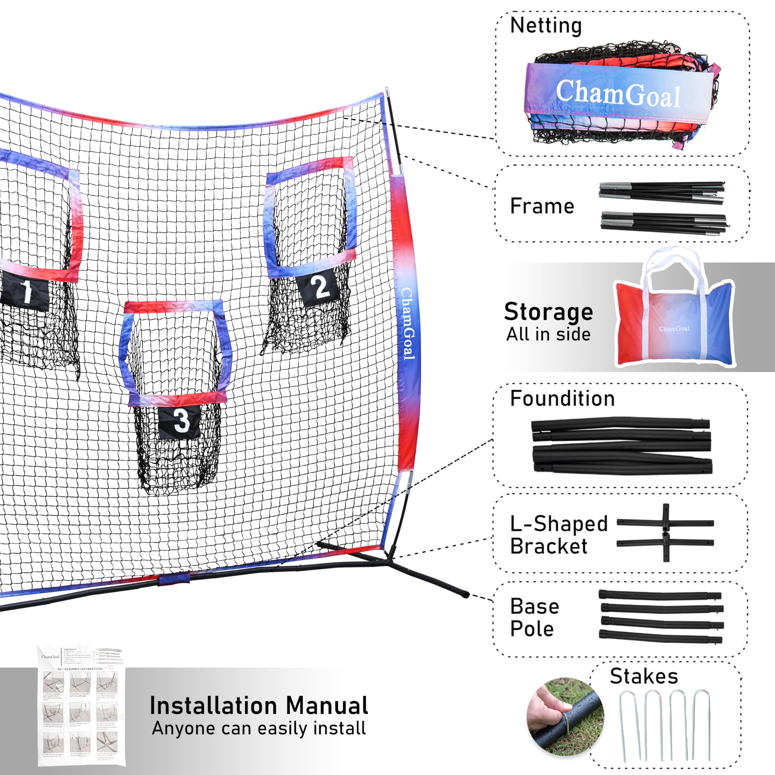 ChamGoal Football Trainer Throwing Net,7X7FT Football Throwing Net with 3 Targets Zone,Quarterback Training Equipment Includes Foldable Frame and Portable Carry Bag,Football Practice Net for Backyard