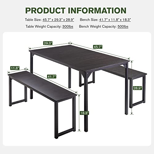 IMUsee 45" Dining Table Set for 4, 3-Pieces Kitchen & Dining Room Sets with Benches, Metal Frame and Wood Board, Sturdy Structure, Easy Assembly, Small Space Dinette, Black & Black