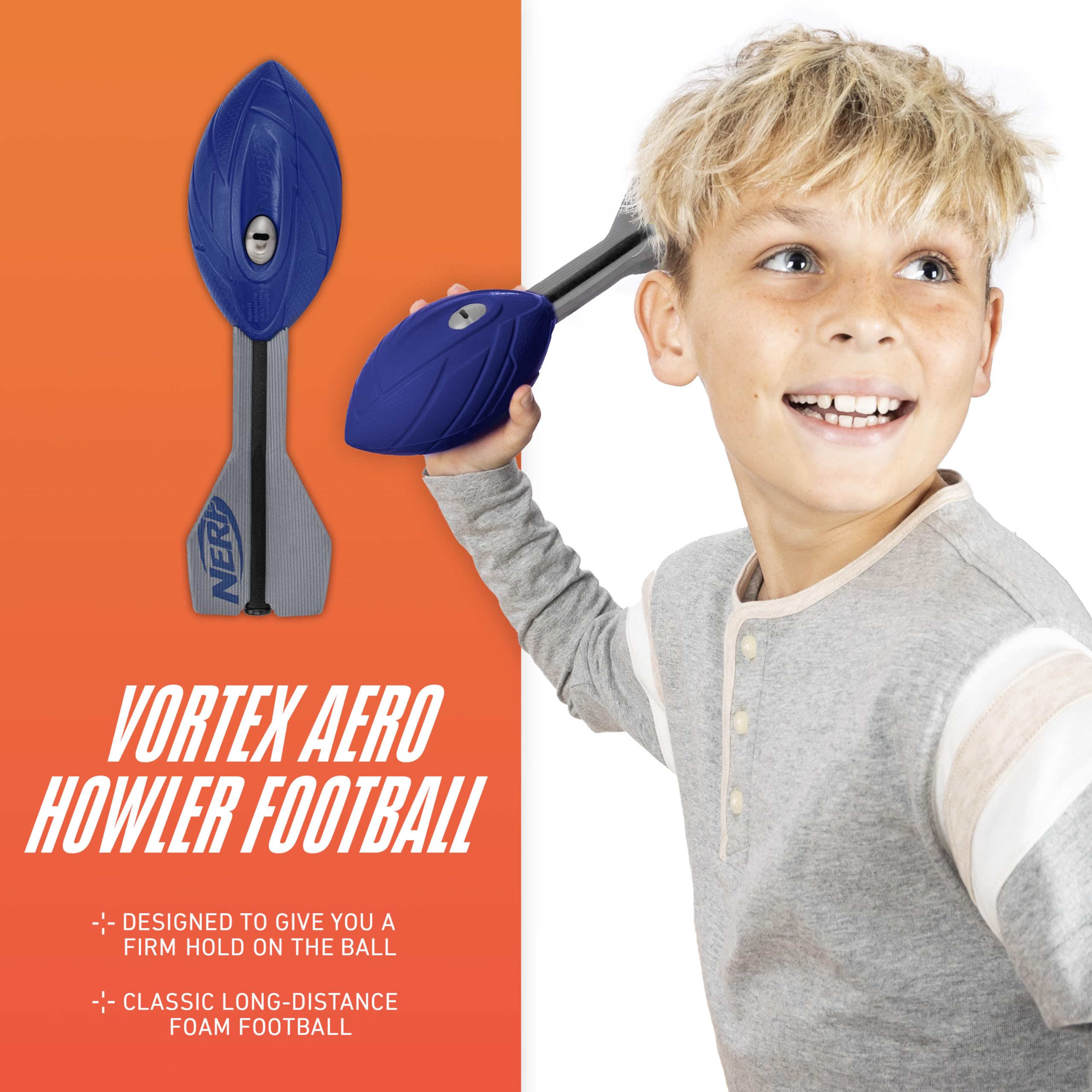 Nerf Vortex Aero Howler Foam Ball β Classic Long-Distance Football - Flight-Optimizing Tail - Hand Grip β Indoor and Outdoor Fun (Blue)