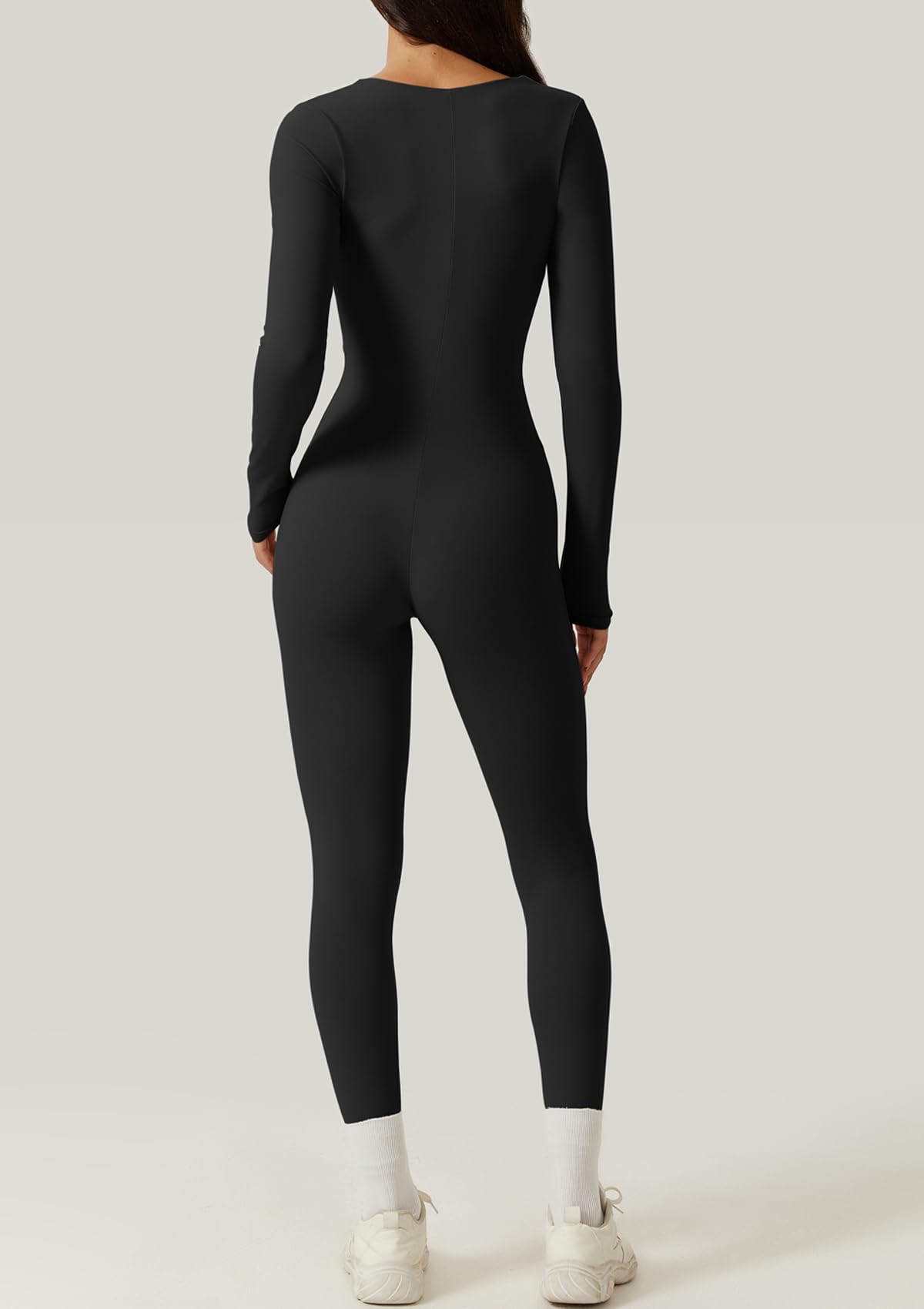 QINSEN Woman's Square Neck Long Sleeve High Waist Long Leggings Jumpsuit Black S