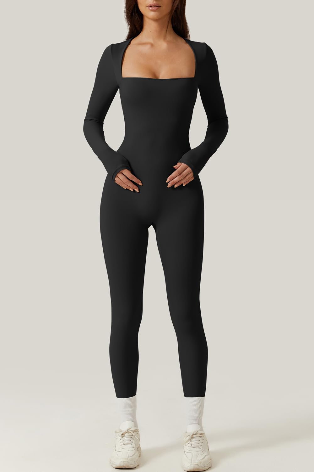 QINSEN Woman's Square Neck Long Sleeve High Waist Long Leggings Jumpsuit Black S