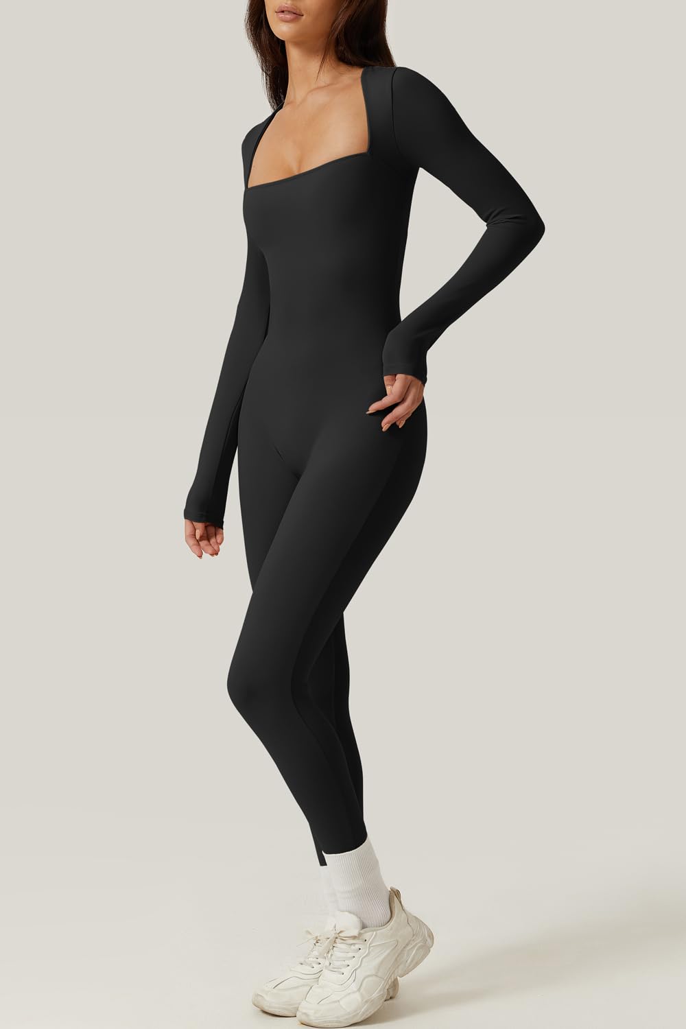 QINSEN Woman's Square Neck Long Sleeve High Waist Long Leggings Jumpsuit Black S