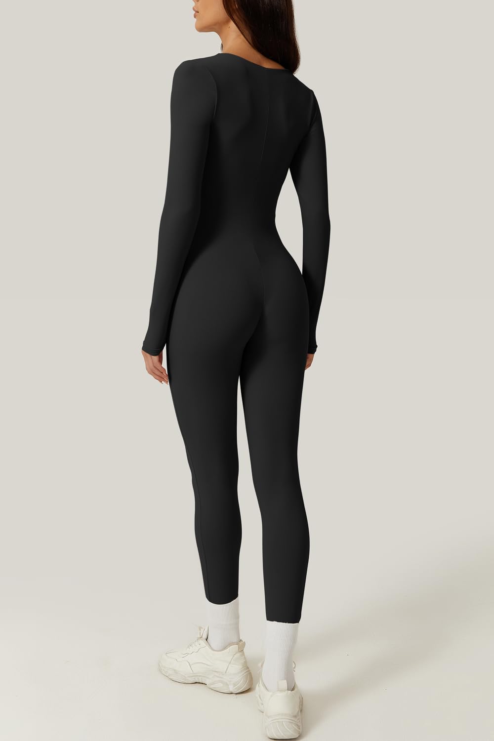 QINSEN Woman's Square Neck Long Sleeve High Waist Long Leggings Jumpsuit Black S