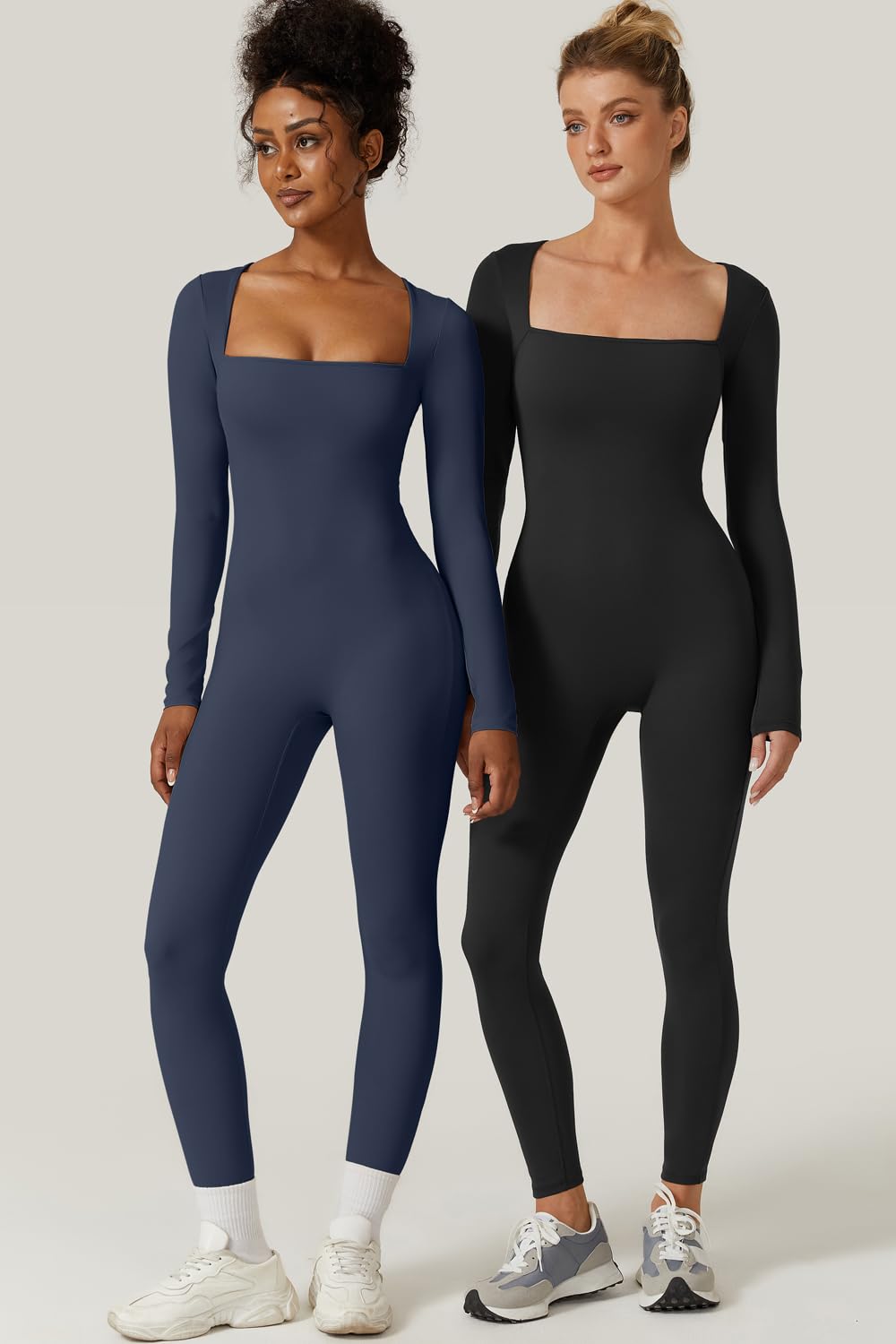 QINSEN Woman's Square Neck Long Sleeve High Waist Long Leggings Jumpsuit Black S