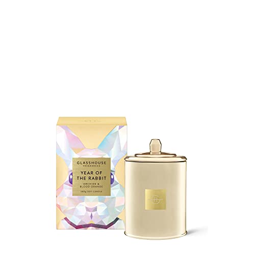 Glasshouse Fragrances Year of The Rabbit Candle, Triple Scented Natural Soy Wax Blend, 2 Wicks & Glass Jar, 65 Hour Burn Time, Orchids & Blood Orange, 13.4 Oz (380g)