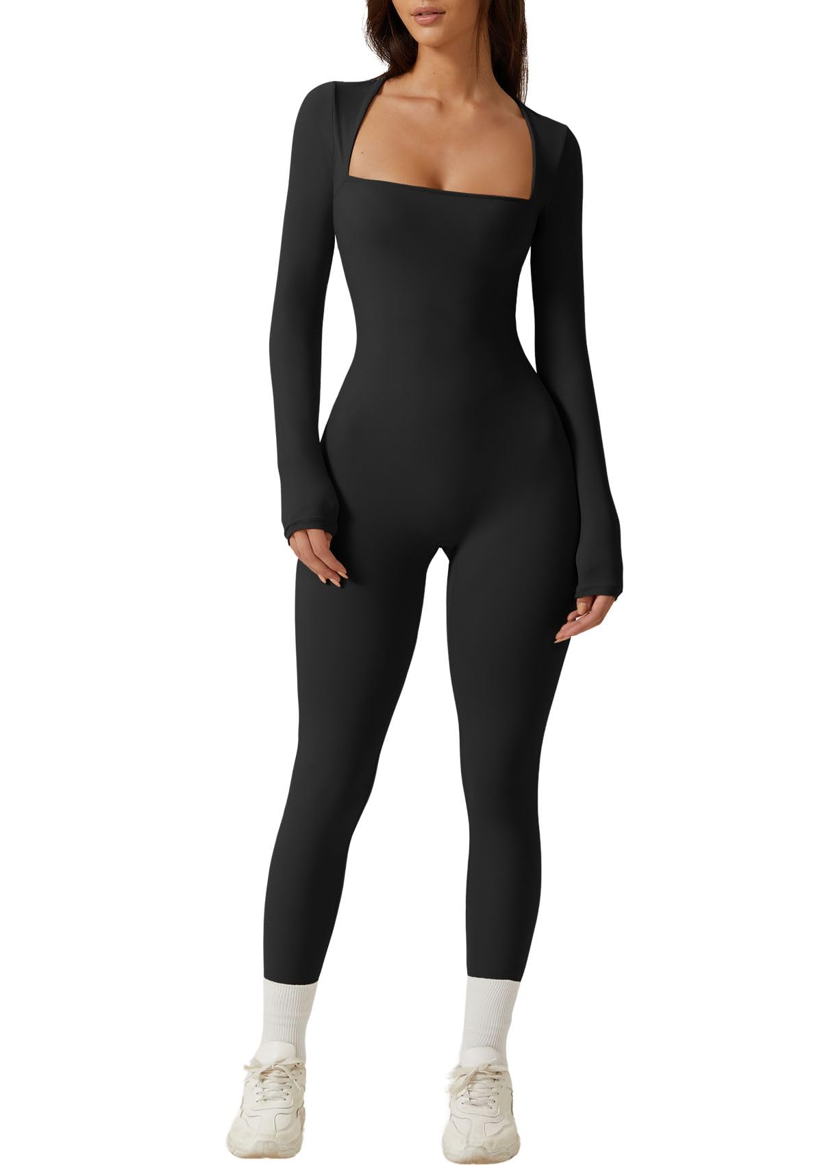 QINSEN Woman's Square Neck Long Sleeve High Waist Long Leggings Jumpsuit Black S