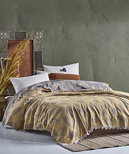Wellstil Lotus | 2-Layer Muslin Blanket • King Size Turkish Cotton Blanket • Cozy Jacquard Woven Bedspread • Vintage Boho Throw Blankets for Sofa, Couch • Breathable Blanket 82x95 inches (Mustard)