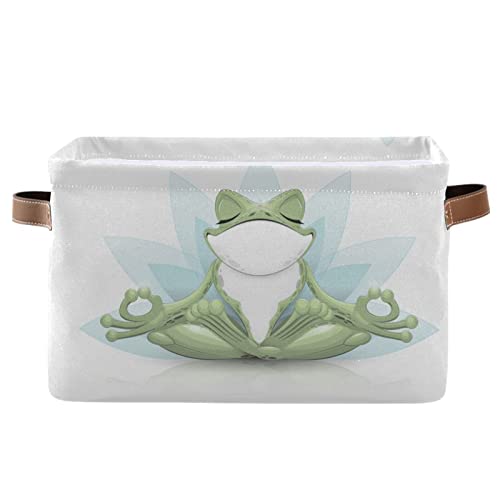 Kigai Funny Frog Doing Yoga Square Storage Basket, Portable Leather Storage Basket for Office, Furniture, 14.2 L x 10.2 W x 8.3 H In
