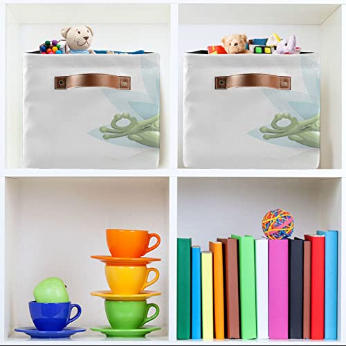 Kigai Funny Frog Doing Yoga Square Storage Basket, Portable Leather Storage Basket for Office, Furniture, 14.2 L x 10.2 W x 8.3 H In