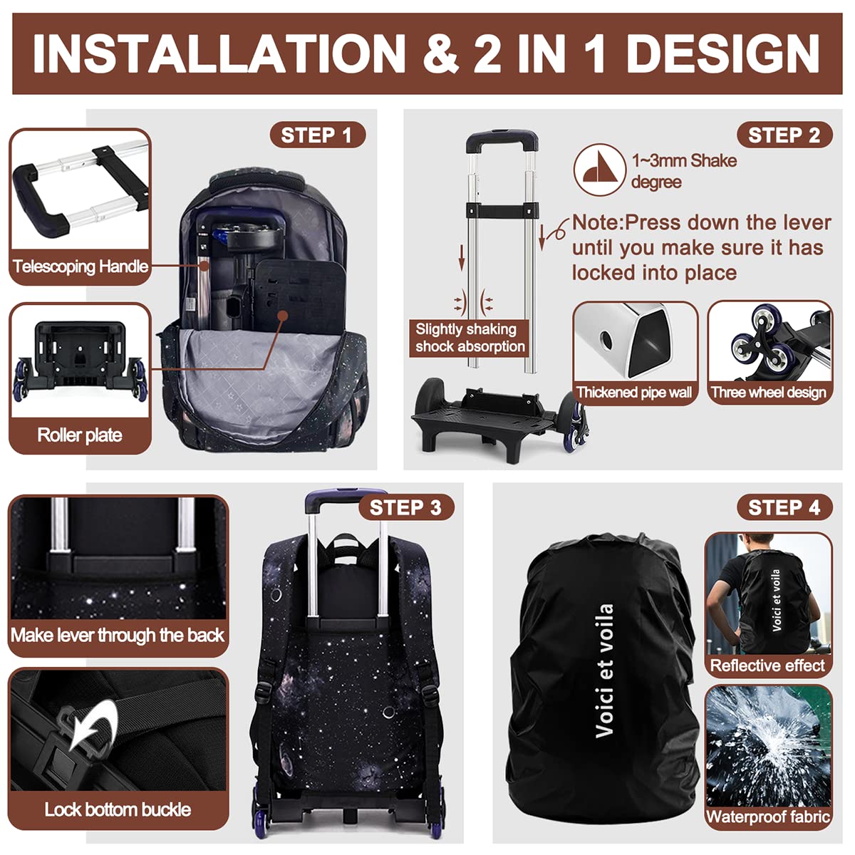 Voici et Voila Backpack with Wheels, Galaxy Trolley Schoolbag Kids Rolling Backpack with Lunch Box and Pencil Case Rolling Trolley Book Bag for Kids Boys