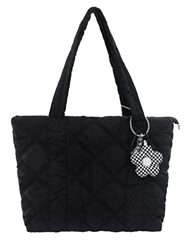 iSamzan Puffer Quilted Tote Bag for Women Puffy Padded Purse with Zipper Work School Nylon Soft Purse-Black