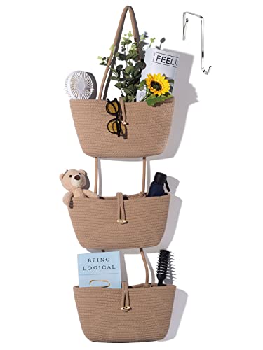 Oradrem Over the Door Basket Cotton Rope Organizer, 3-Tier Wall Hanging Storage Basket, Closet Organizing, Decorative Baskets for Organizing Living Room—14.5“x7" (Khaki)
