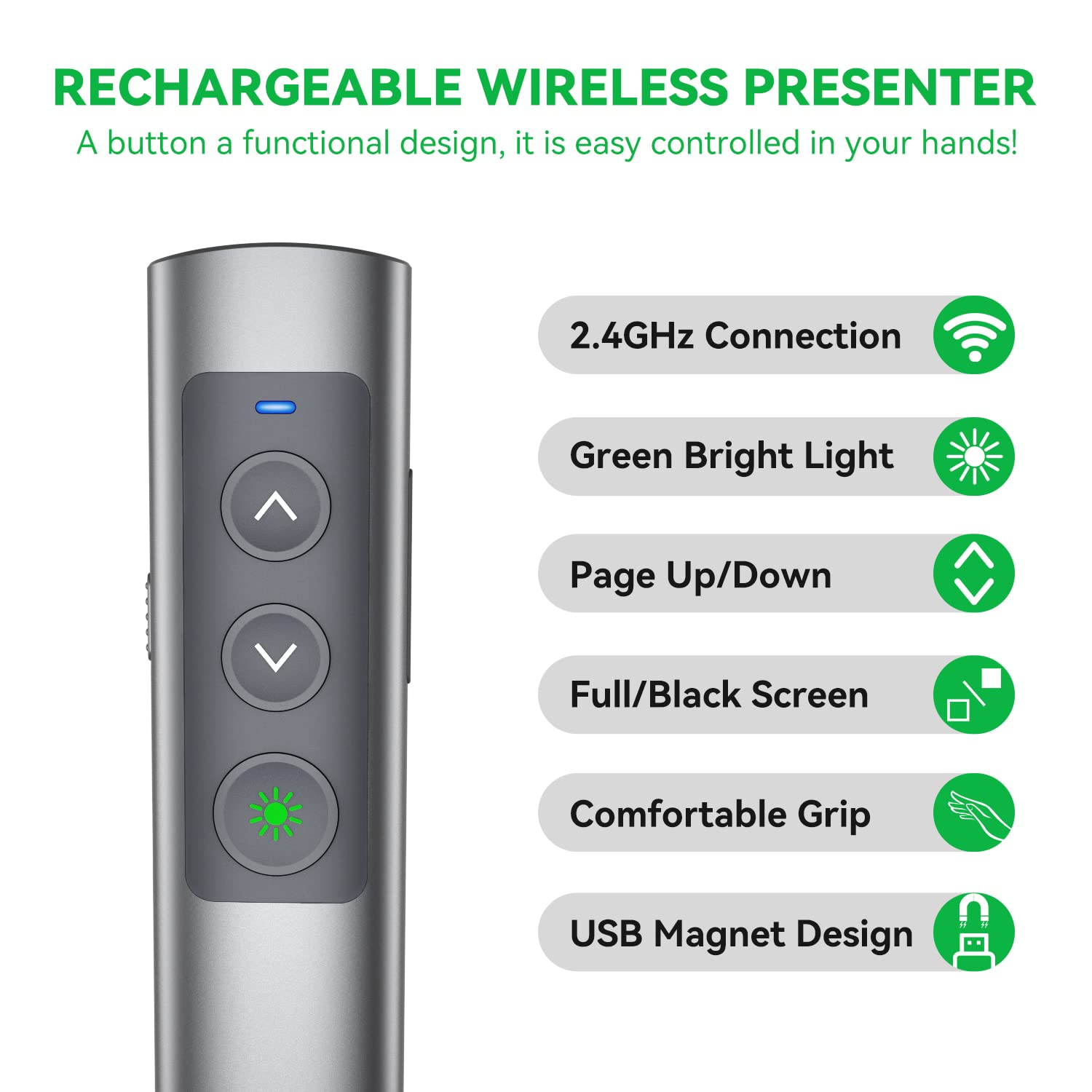 PowerPoint Clickers Wireless Presenter Remote, Presentation Clicker with Red Light, RF 2.4GHz USB Clicker for PowerPoint Presentations Slide Advancer with Volume Control for Mac/Laptop/Computer