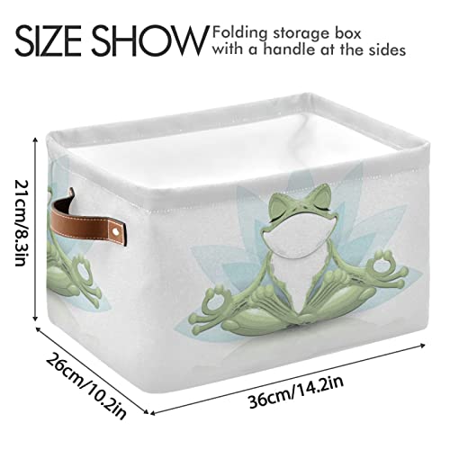 Kigai Funny Frog Doing Yoga Square Storage Basket, Portable Leather Storage Basket for Office, Furniture, 14.2 L x 10.2 W x 8.3 H In