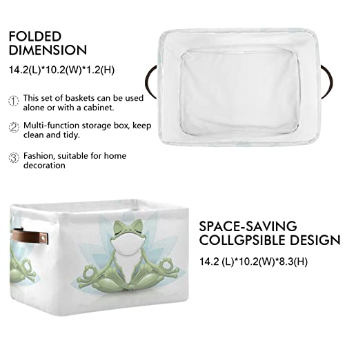 Kigai Funny Frog Doing Yoga Square Storage Basket, Portable Leather Storage Basket for Office, Furniture, 14.2 L x 10.2 W x 8.3 H In