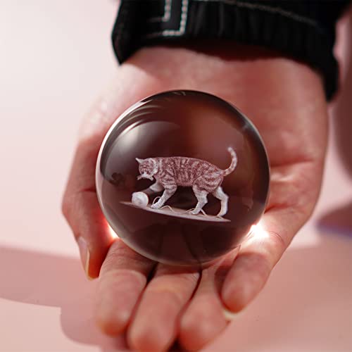 HDCRYSTALGIFTS 3D Crystal Ball with Silver-Plated Flowering Stand 2.4inch Laser Engraved Crystal Decorative Ball Glass Sphere for Home Decor Gift (Cat and String)