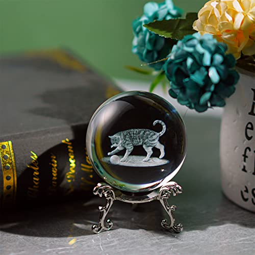 HDCRYSTALGIFTS 3D Crystal Ball with Silver-Plated Flowering Stand 2.4inch Laser Engraved Crystal Decorative Ball Glass Sphere for Home Decor Gift (Cat and String)