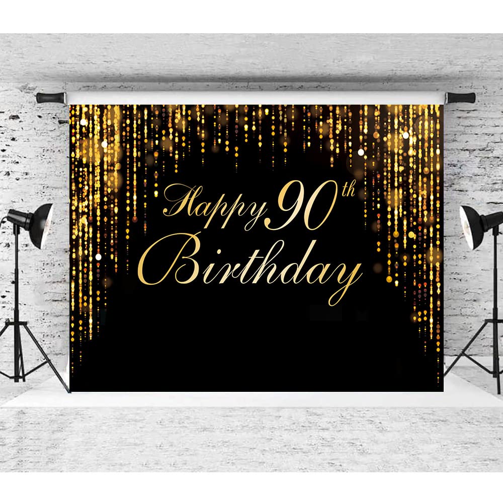 Happy 90th Birthday Party Decorations Backdrop, Black Gold Glitter Bokeh Dots Birthday Party Photo Background Cake Table Banner Extra Large Wall Decor Props Party Decorations Supplies (73'' x 50'')