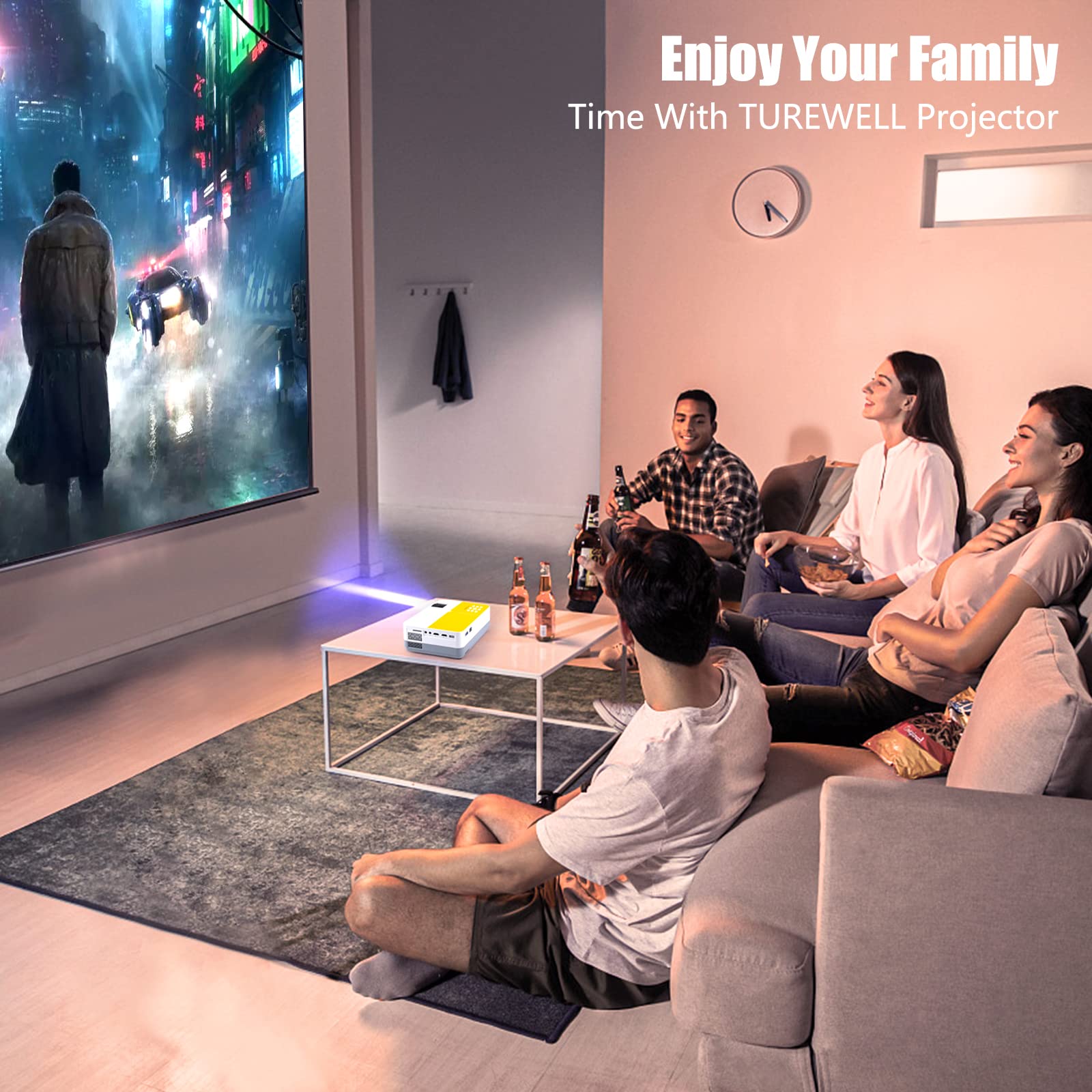 TUREWELL Mini Projector, Portable Outdoor Video Projector with 7500 Lumens, 1080P Full HD Office and Home Theater Movie Projector, Compatible with iOS/Android Phone/Laptop and USB/VGA /HDMI