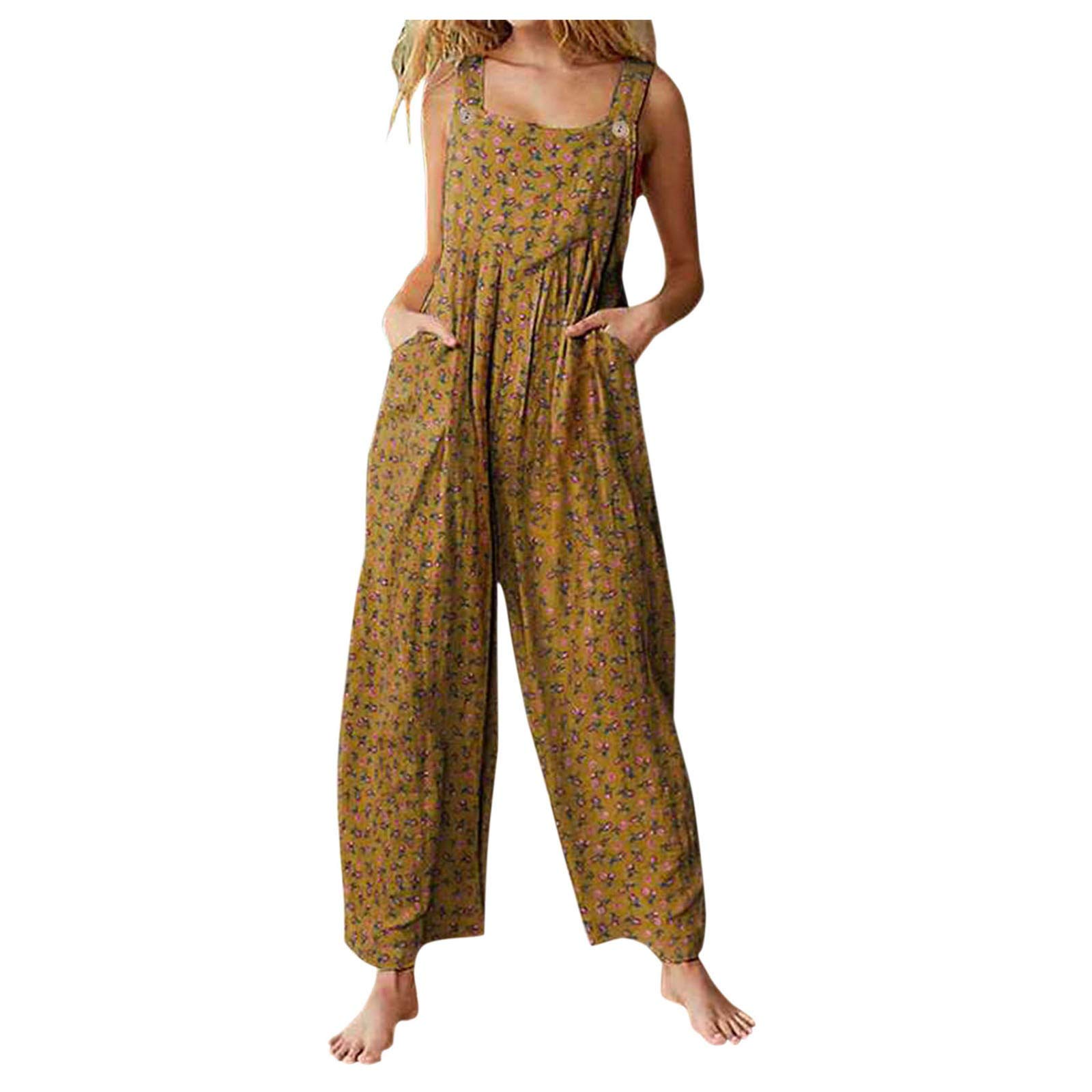 Padaleks Women's Summer Vintage Floral Print Jumpsuits Sleeveless Overalls Romper Boho Baggy Long Pants w/Pocket