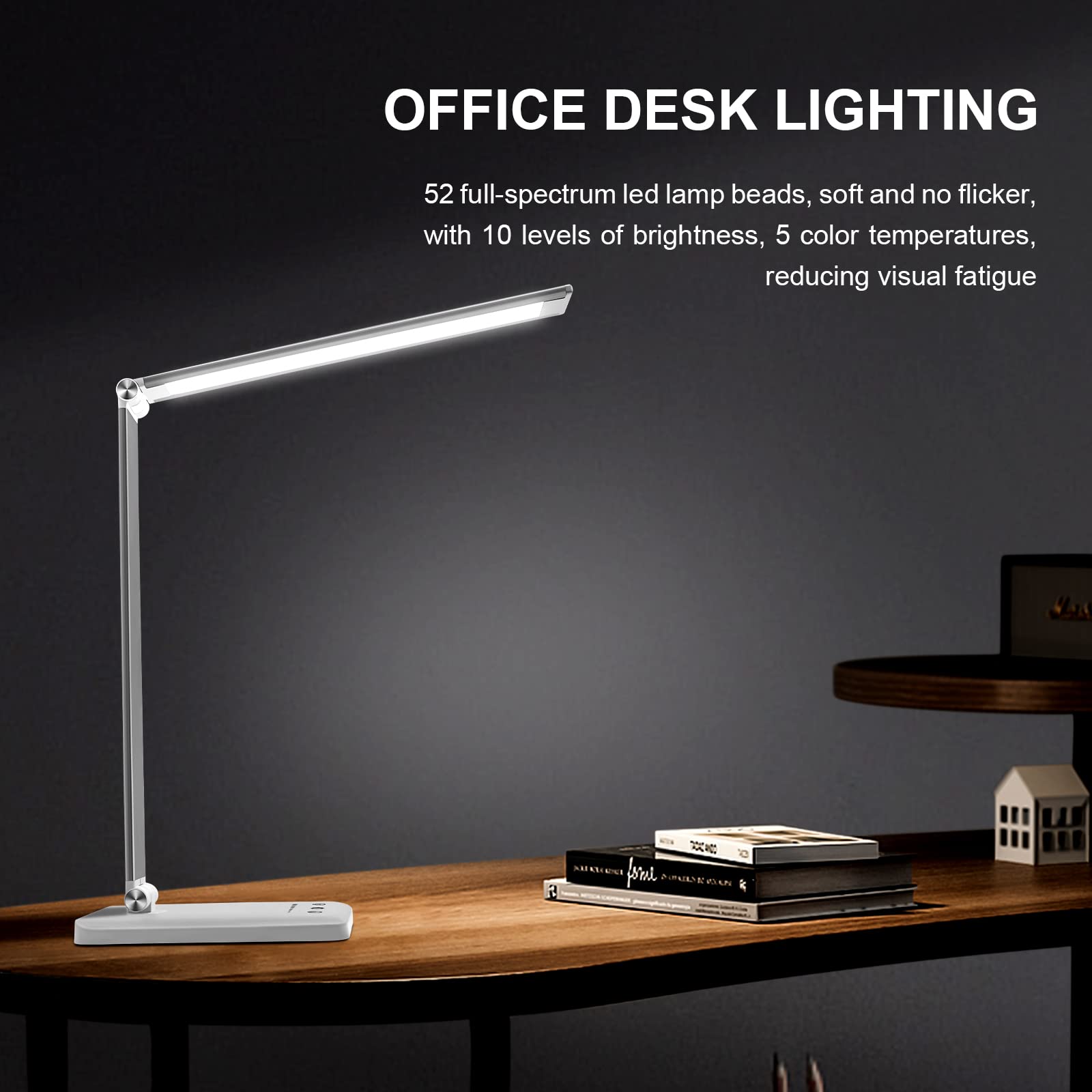 LED Desk Lamp with USB Port, Desk Light with 10 Brightness 5 Color Temperature, Soft Table Lamp for Reading, Office and Home, Touch Control, 30/60 Timer Off, No Glaring