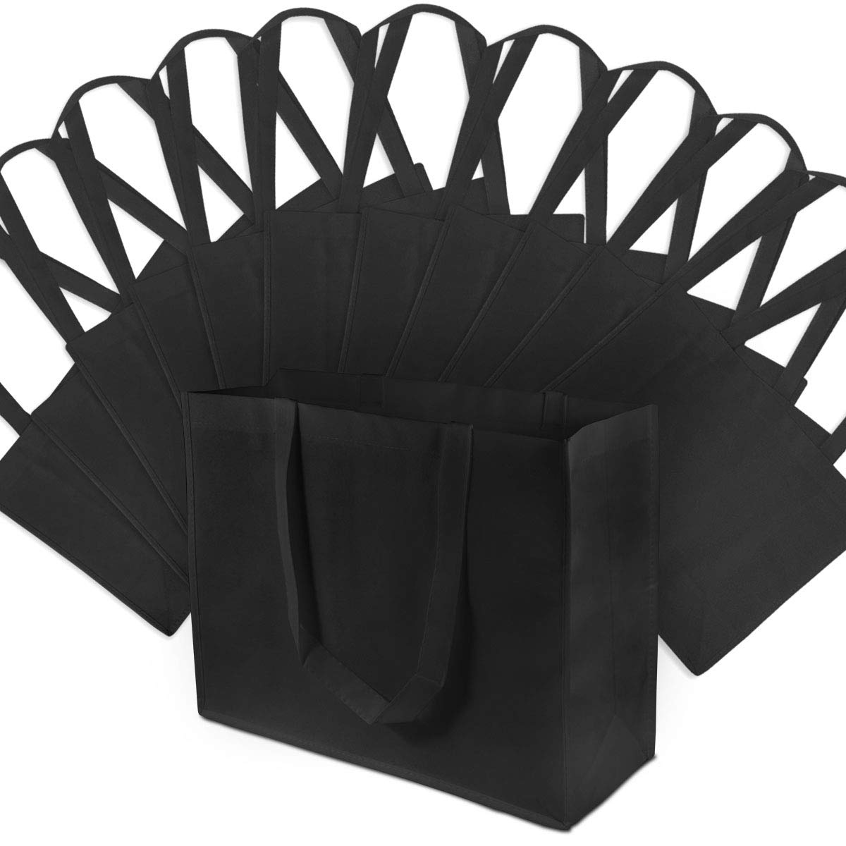 Large Tote Bags - 12 Pack Large Black Reusable Gift Bags, Shopping Bags with Handles in Bulk, Grocery Bags, Durable Fabric Tote Bags, Merchandise Bags, Foldable, Strong and Eco Friendly - 16x6x12