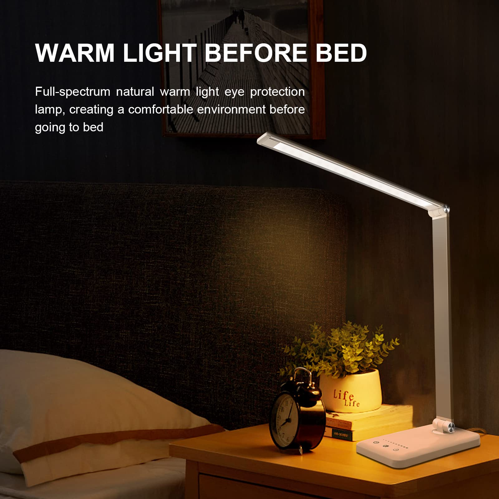 LED Desk Lamp with USB Port, Desk Light with 10 Brightness 5 Color Temperature, Soft Table Lamp for Reading, Office and Home, Touch Control, 30/60 Timer Off, No Glaring