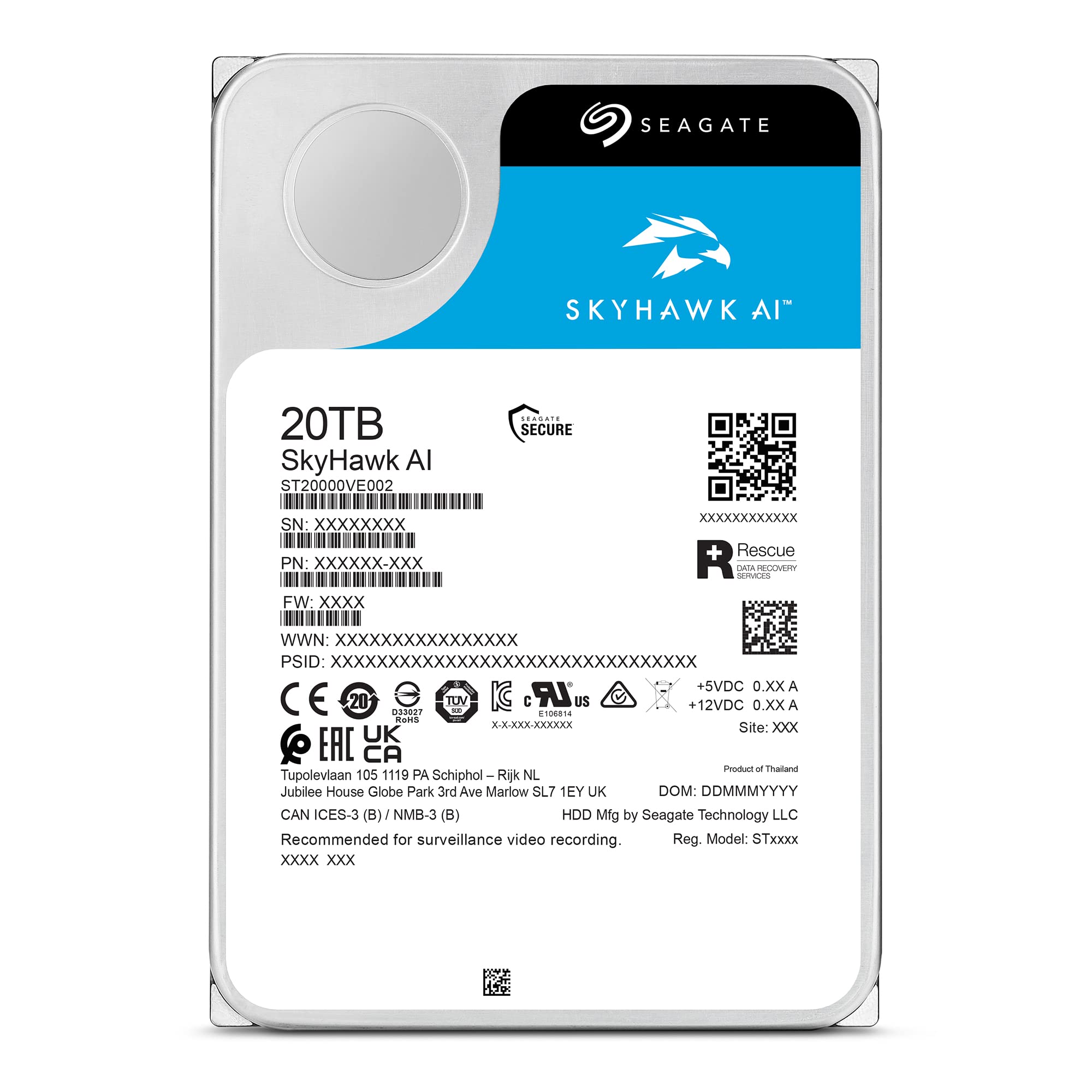 Seagate Skyhawk AI 20TB Video Internal Hard Drive HDD – 3.5 Inch SATA 6Gb/s 256MB Cache for DVR NVR Security Camera System with in-House Rescue Services (ST20000VEZ02/002)