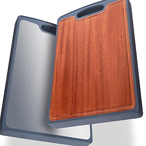 GULRUH Wood Cutting Boards for Kitchen, Cutting Board for Kitchen, Double-Sided Chopping Board with Handle- Stainless Steel and Plastic for Meat Vegetable Fruit-Juice Grooves with Easy Grip Handles β
