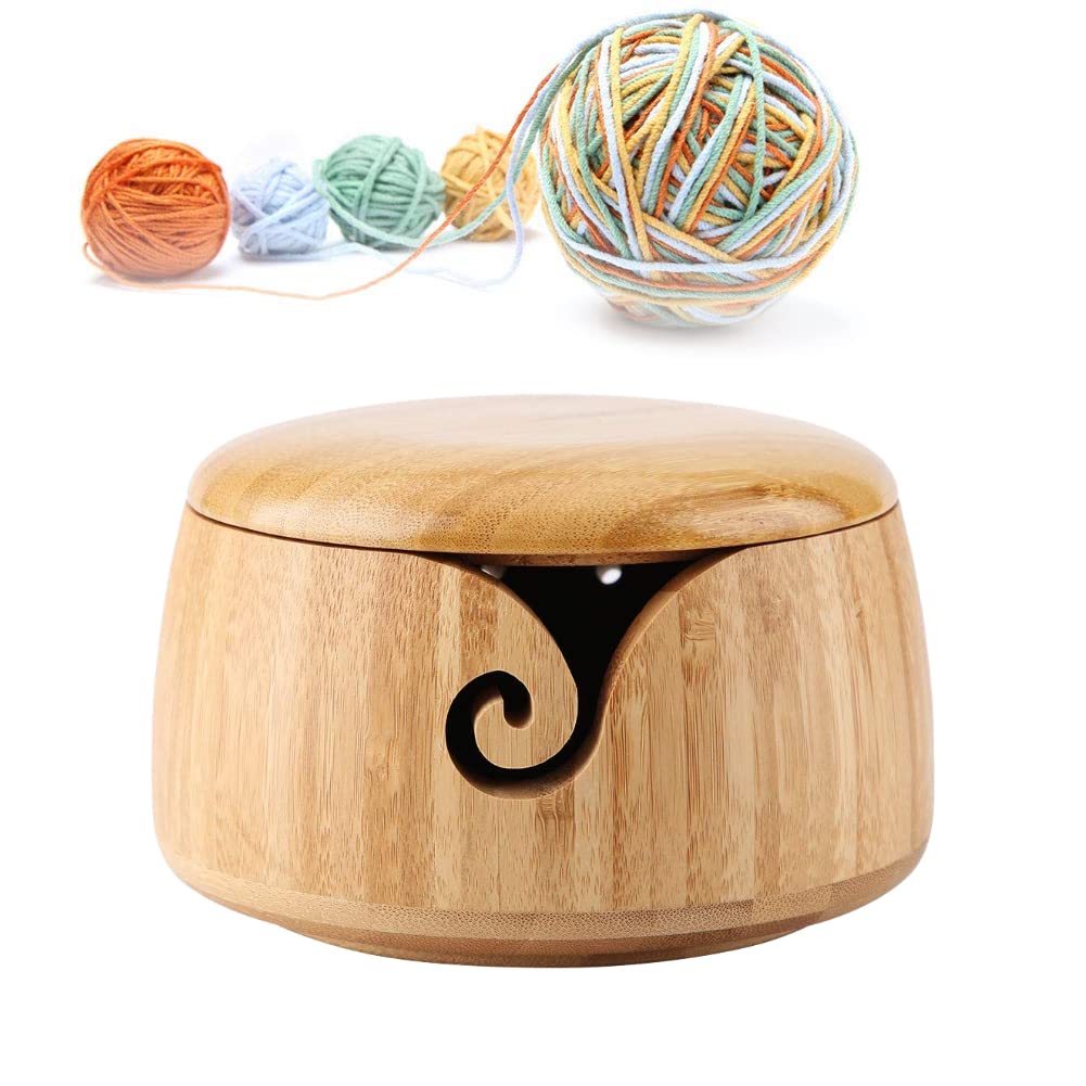ZJchao Yarn Bowl Natural Handmade Crafted Wooden Yarn Bowl with Removable Lid for Knitting and Crocheting, for Mom and Grandmother