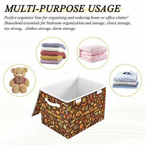 RunningBear Happy Thanksgiving Leaves Large Storage Bins with Lid Collapsible Storage Bin Closet Organizers Foldable Fabric Storage Boxes for Office Bedroom ClothesToys