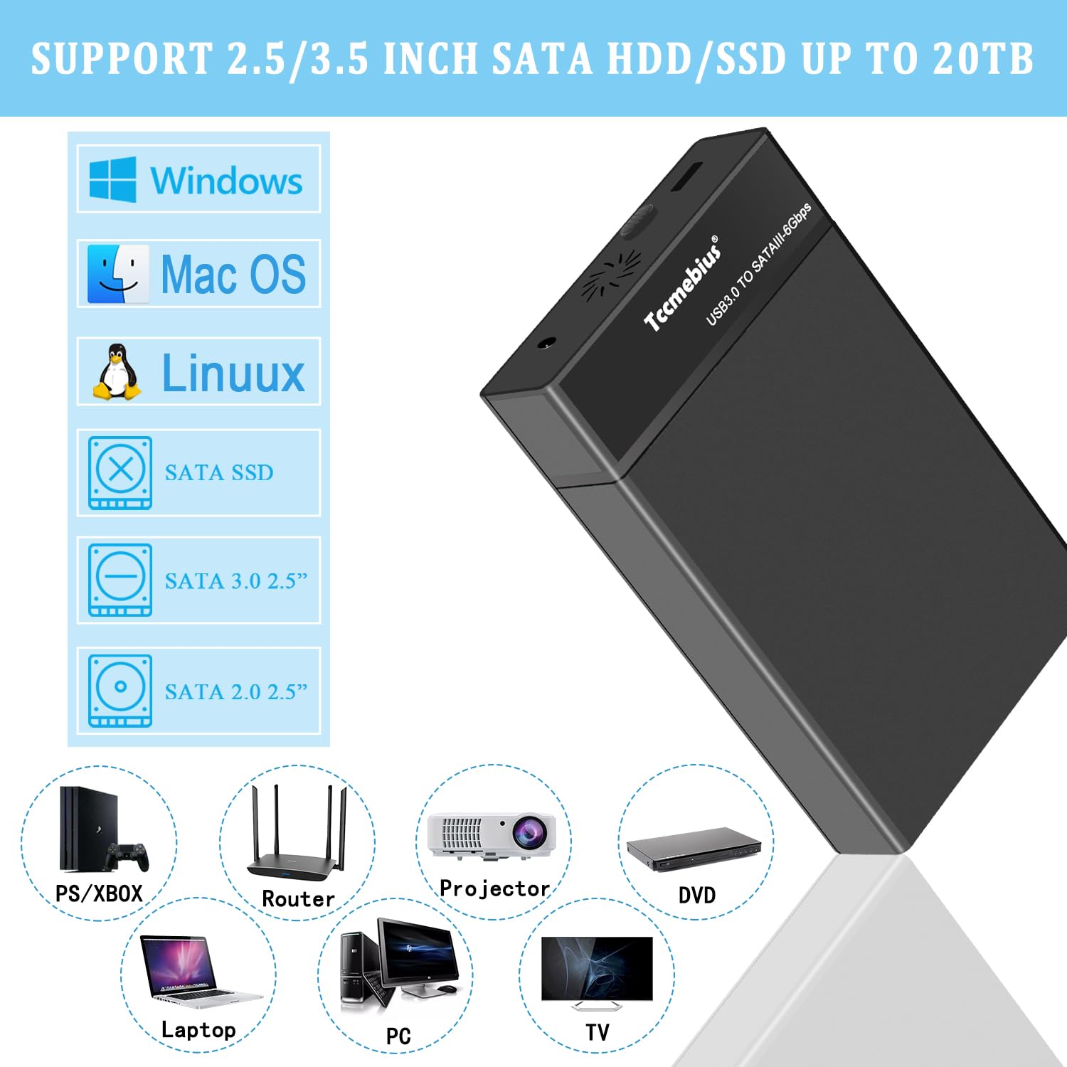 Tccmebius External Hard Drive Enclosure USB 3.0 to SATA Docking Station for 2.5 3.5 Inch SATA I/II/III HDD SSD with USB A/C Cable, Up to 20TB, Support UASP Automatic Sleep Function, Tool-free (TCC-S8)