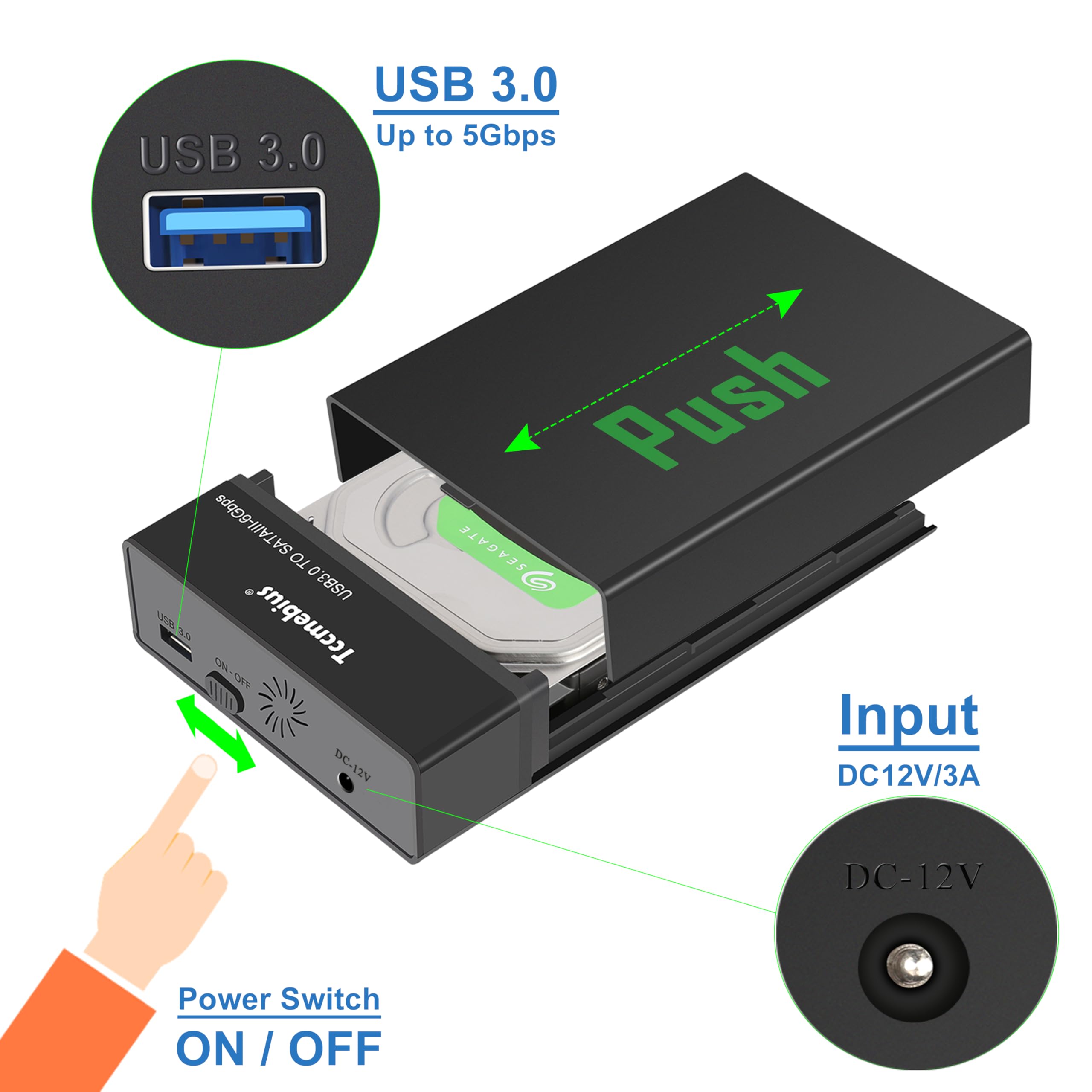 Tccmebius External Hard Drive Enclosure USB 3.0 to SATA Docking Station for 2.5 3.5 Inch SATA I/II/III HDD SSD with USB A/C Cable, Up to 20TB, Support UASP Automatic Sleep Function, Tool-free (TCC-S8)