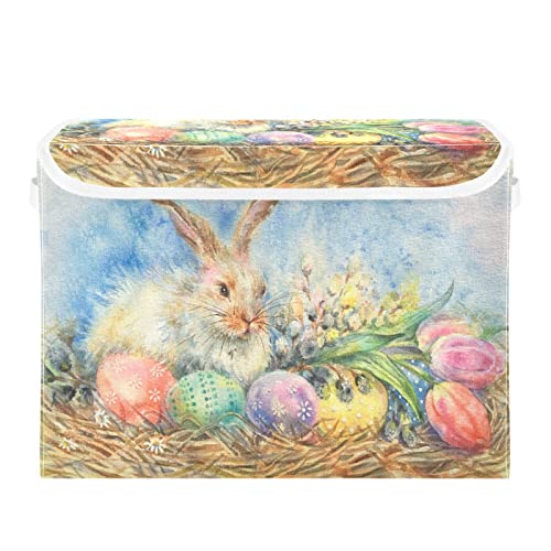 Kigai Storage Basket Watercolor Easter Bunny Storage Boxes with Lids and Handle, Large Storage Cube Bin Collapsible for Shelves Closet Bedroom Living Room, 16.5x12.6x11.8 In