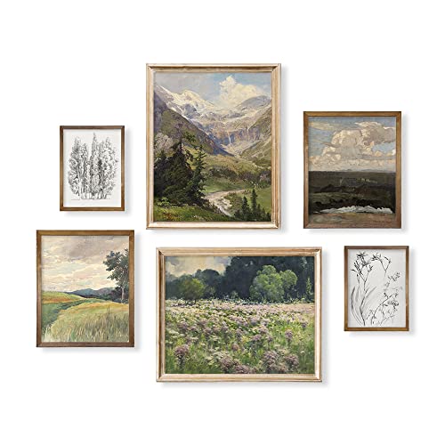 Vintage Farmhouse Large 11x14 Gallery of 6 Botanical Wall Decor - Landscape Neutral Boho French Country - Kitchen Bathroom Bedroom Picture Poster Print - Flower Decor Aesthetic Cottagecore - Art Deco