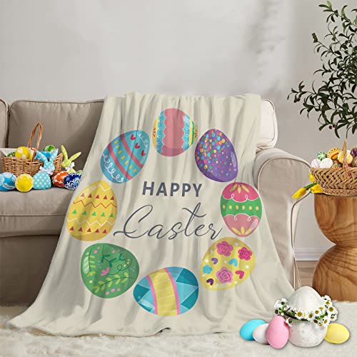 FJPT Happy Easter Colorful Eggs Throw Blanket Flannel Fleece Spring Cute Blankets Soft Luxury Cozy Warm for Living Room Bedroom Sofa Couch (40" x 50")