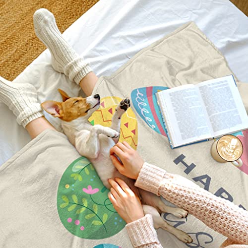FJPT Happy Easter Colorful Eggs Throw Blanket Flannel Fleece Spring Cute Blankets Soft Luxury Cozy Warm for Living Room Bedroom Sofa Couch (40" x 50")