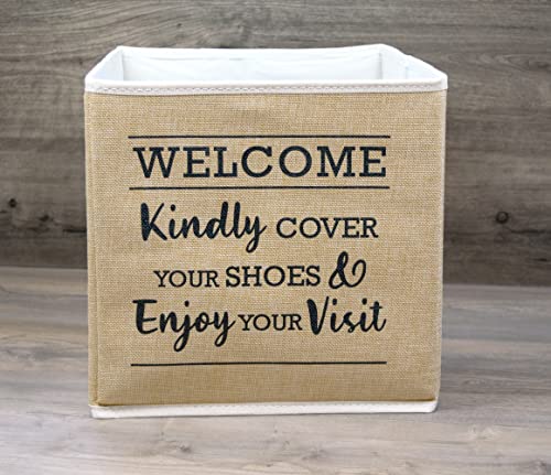 Premium Linen Look Foldable Shoe Cover Bin, Indoor Real Estate Bootie Box, Open House Supply with 10 Pack Shoe Covers and a Please Use Shoe Covers, Double Sided, Door Hanger (Linen Bin with 10 Pack Shoe Covers)