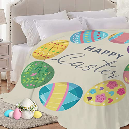 FJPT Happy Easter Colorful Eggs Throw Blanket Flannel Fleece Spring Cute Blankets Soft Luxury Cozy Warm for Living Room Bedroom Sofa Couch (40" x 50")
