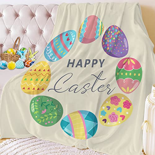 FJPT Happy Easter Colorful Eggs Throw Blanket Flannel Fleece Spring Cute Blankets Soft Luxury Cozy Warm for Living Room Bedroom Sofa Couch (40" x 50")