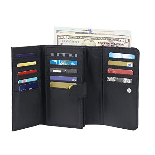Fanna Small Compact Wallet for Women, Large Capacity Multi Card Clutch Organizer with Zipper Pocket (Black)