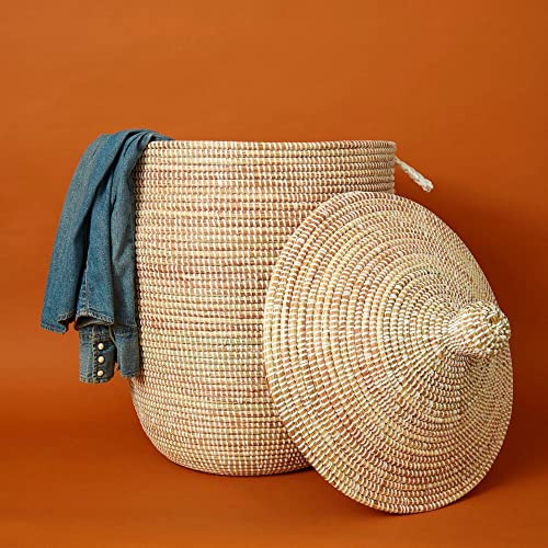 Senegal Jumbo Solid White Color Hand Woven Grass Basket with Hooded Lid