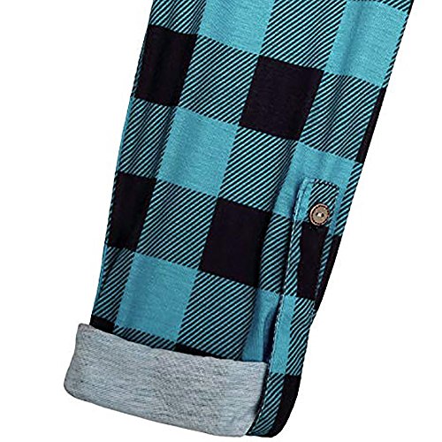 Blouse for Women Long Sleeve Kimloog Women's Split V Neck Long Sleve Casual Roll-up Plaid Tunic Blouses Tops [Video Game] [Video Game] Blue