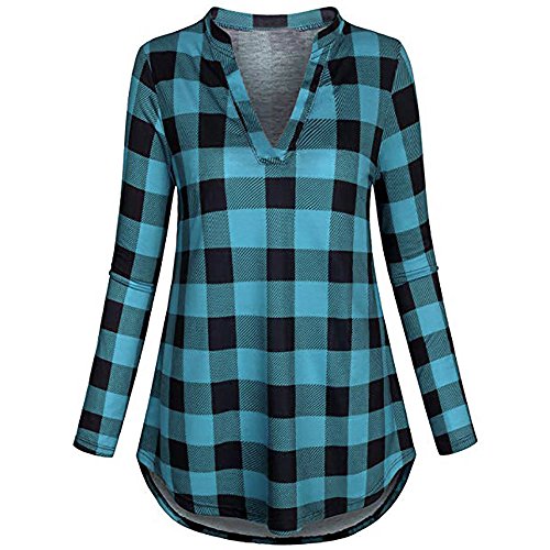 Blouse for Women Long Sleeve Kimloog Women's Split V Neck Long Sleve Casual Roll-up Plaid Tunic Blouses Tops [Video Game] [Video Game] Blue