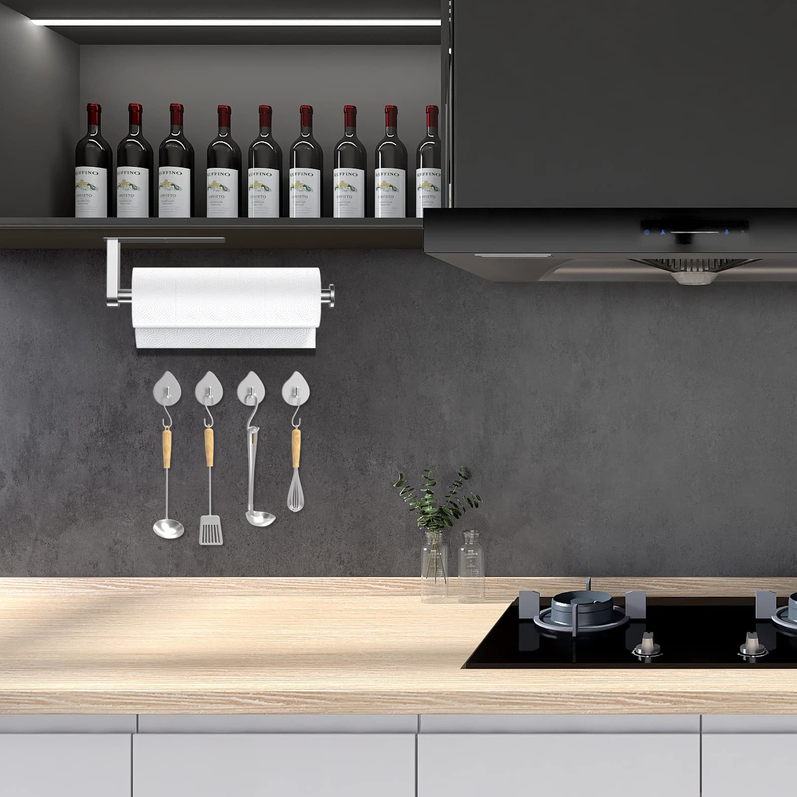 Paper Towel Holder - MUNNAR Stainless Steel Paper Towel Holder, Under Cabinet Paper Towel Rack, Self Adhesive or Drilling, Wall Mount Towel Paper Holder for Kitchen Sink Bathroom, with 4 Hooks