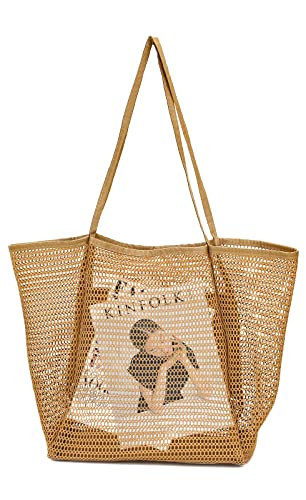 Felomdep Large Mesh Beach Tote Bag for Women，Shoulder Bag, Nylon Pool Bag, Hobo Bag for Beach Travel Shopping,Brown