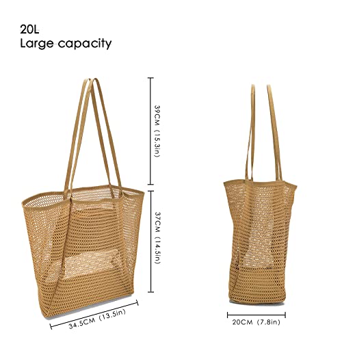 Felomdep Large Mesh Beach Tote Bag for Women,Shoulder Bag, Nylon Pool Bag, Hobo Bag for Beach Travel Shopping,Brown