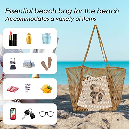 Felomdep Large Mesh Beach Tote Bag for Women,Shoulder Bag, Nylon Pool Bag, Hobo Bag for Beach Travel Shopping,Brown